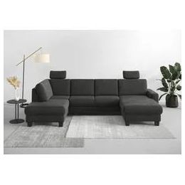 Wohnlandschaft Home Affaire "Summer U-Form" Sofas Gr. B/H/T: 314 cm x 91 cm x 170 cm, Feincord, Recamiere rechts, ohne Bettfunktion-ohne Bettkasten-ohne Federkern, grau (anthrazit) mit oder ohne Bettfunktion und Bettkasten, wengefarbene Holzfüße