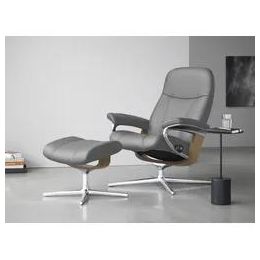 Relaxsessel stressless "Consul" Sessel Gr. Leder BATICK, Cross Base Eiche, S, Relaxfunktion-Drehfunktion-PlusTMSystem-Gleitsystem-BalanceAdaptTM, B/H/T: 78cm x 97cm x 70cm, grau (wild dove batick) mit Hocker, Cross Base, Größe S, M & L, Holzakzent Eiche