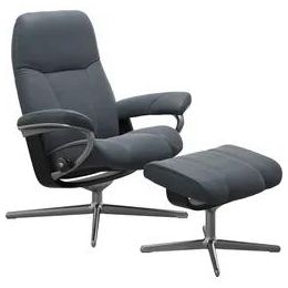 Relaxsessel stressless "Consul" Sessel Gr. Leder BATICK, Cross Base Schwarz, L, Relaxfunktion-Drehfunktion-PlusTMSystem-Gleitsystem-BalanceAdaptTM, B/H/T: 91cm x 102cm x 79cm, blau (atlantic blue batick) mit Hocker, Cross Base, Größe S, M & L, Holzakzent Schwarz