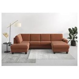 Wohnlandschaft Home Affaire "Summer U-Form" Sofas Gr. B/H/T: 314 cm x 91 cm x 170 cm, Feincord, Recamiere rechts, ohne Bettfunktion-ohne Bettkasten-ohne Federkern, rosegold (kupfer) mit oder ohne Bettfunktion und Bettkasten, wengefarbene Holzfüße