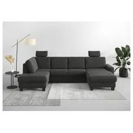 Wohnlandschaft Home Affaire "Summer U-Form" Sofas Gr. B/H/T: 314 cm x 91 cm x 170 cm, Feincord, Recamiere rechts, mit Bettfunktion-mit Bettkasten-ohne Federkern, grau (anthrazit) mit oder ohne Bettfunktion und Bettkasten, wengefarbene Holzfüße