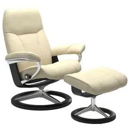 Relaxsessel stressless "Consul" Sessel Gr. Leder PALOMA, Signature Base Schwarz, BalanceAdaptTM-PlusTMSystem-Gleitsystem-Relaxfunktion-Drehfunktion-Kopfstützenverstellung-Rückteilverstellung, B/H/T: 91cm x 102cm x 79cm, beige (vanilla paloma) mit Hocker, Signature Base, Größe L, Gestell Schwarz