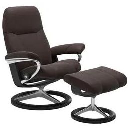 Relaxsessel stressless "Consul" Sessel Gr. Leder PALOMA, Signature Base Schwarz, BalanceAdaptTM-PlusTMSystem-Gleitsystem-Relaxfunktion-Drehfunktion-Kopfstützenverstellung-Rückteilverstellung, B/H/T: 91cm x 102cm x 79cm, braun (chocolate paloma) mit Hocker, Signature Base, Größe L, Gestell Schwarz