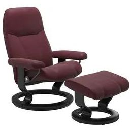 Relaxsessel stressless "Consul" Sessel Gr. Leder BATICK, Classic Base Schwarz, PlusTMSystem-Gleitsystem-Relaxfunktion-Drehfunktion-Kopfstützenverstellung-Rückteilverstellung, B/H/T: 76cm x 100cm x 71cm, rot (bordeaux batick) mit Hocker, Classic Base, Größe M, Gestell Schwarz