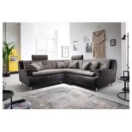 Ecksofa TRENDS BY HG "Lounge L-Form", schwarz (schwarz, grau), B:228cm H:77cm T:228cm, Sofas, mit Kopfstützen und Metallfuß, frei im Raum stellbar