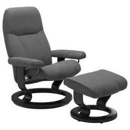 Relaxsessel stressless "Consul" Sessel Gr. Leder BATICK, Classic Base Schwarz, PlusTMSystem-Gleitsystem-Relaxfunktion-Drehfunktion-Kopfstützenverstellung-Rückteilverstellung, B/H/T: 76cm x 100cm x 71cm, grau (grey batick) mit Hocker, Classic Base, Größe M, Gestell Schwarz