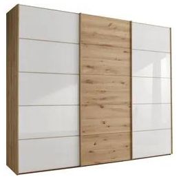 Schwebetürenschrank Wiemann "Cardiff" Schränke Gr. B/H/T: 246,3 cm x 217 cm x 67 cm, Außenpartien Glas weiß, 3 St., braun (bianco, eiche, nachbildung) mit massiven Holztüren und Spiegel