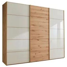 Schwebetürenschrank Wiemann "Cardiff" Schränke Gr. B/H/T: 295,2 cm x 217 cm x 67 cm, Außenpartien Glas champagner, 3 St., braun (bianco, eiche, nachbildung) mit massiven Holztüren und Spiegel