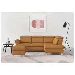 Sit & More Ecksofa SIT & MORE "Arngast L-Form" Sofas Gr. B/H/T: 245cm x 84cm x 194cm, NaturLEDER, Ottomane rechts, ohne Bettfunktion-ohne Bettkasten-Rücken Spannstoff, gelb (curry) inklusive Kopfteilverstellung und Federkern