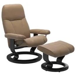 Relaxsessel stressless "Consul" Sessel Gr. Leder PALOMA, Classic Base Schwarz, PlusTMSystem-Gleitsystem-Relaxfunktion-Drehfunktion-Kopfstützenverstellung-Rückteilverstellung, B/H/T: 76cm x 100cm x 71cm, braun (almond paloma) mit Hocker, Classic Base, Größe M, Gestell Schwarz