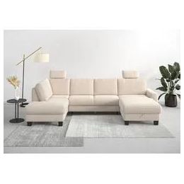 Wohnlandschaft Home Affaire "Summer U-Form" Sofas Gr. B/H/T: 314 cm x 91 cm x 170 cm, Breitcord, Recamiere rechts, mit Bettfunktion-mit Bettkasten-ohne Federkern, beige (creme) mit oder ohne Bettfunktion und Bettkasten, wengefarbene Holzfüße