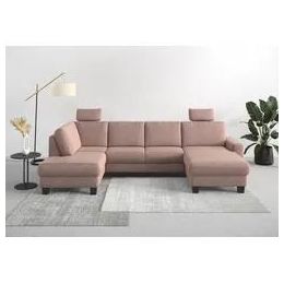 Wohnlandschaft Home Affaire "Summer U-Form" Sofas Gr. B/H/T: 314 cm x 91 cm x 170 cm, Feincord, Recamiere rechts, ohne Bettfunktion-ohne Bettkasten-mit Federkern, rosa (altrosa) mit oder ohne Bettfunktion und Bettkasten, wengefarbene Holzfüße