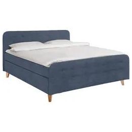 Boxspringbett Tom Tailor HOME "NORDIC BOX" Komplettbetten Gr. Samtstoff TSV, Liegefläche B/L: 160cm x 200cm, H2 + H2, 5-Zonen-Tonnentaschen-Federkernmatratze, blau (cornflower tsv 16) Boxspringbett mit Knopfheftung im Kopfteil und Fußteil, Füße in Buche natur