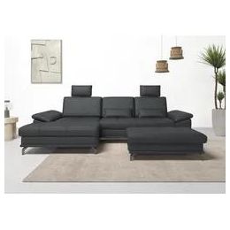 Ecksofa Places of Style "Costello L-Form, mit Sitztiefenverstellung, Armteilverstellung und" Sofas Gr. B/H/T: 301cm x 89cm x 176cm, Material, Recamiere links, ohne Bettfunktion-ohne Bettkasten, schwarz 3 Nierenkissen, optional Bettfunktion und Bettkasten