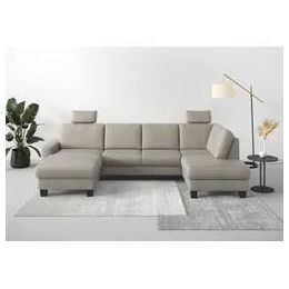 Wohnlandschaft Home Affaire "Summer U-Form" Sofas Gr. B/H/T: 314 cm x 91 cm x 170 cm, Feincord, Recamiere links, ohne Bettfunktion-ohne Bettkasten-mit Federkern, grau (steel) mit oder ohne Bettfunktion und Bettkasten, wengefarbene Holzfüße