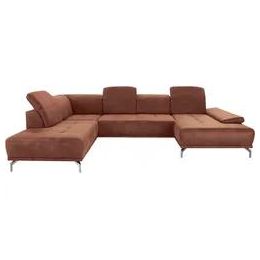 Wohnlandschaft Places of Style "Caluna U-Form" Sofas Gr. B/H/T: 332cm x 81cm x 234cm, Luxus-Microfaser Vintageoptik, Recamiere rechts, braun (cognac) mit Sitztiefen- und Kopfteilverstellung