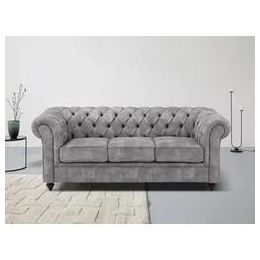 Chesterfield-Sofa Home Affaire "Chesterfield 3-Sitzer B/T/H: 198/89/74 cm" Sofas Gr. B/H/T: 198cm x 74cm x 89cm, Luxus-Microfaser Lederoptik, grau (hellgrau) mit hochwertiger Knopfheftung, auch in Leder