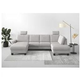 Wohnlandschaft Home Affaire "Summer U-Form" Sofas Gr. B/H/T: 314 cm x 91 cm x 170 cm, Feincord, Recamiere links, ohne Bettfunktion-ohne Bettkasten-mit Federkern, silberfarben (silber) mit oder ohne Bettfunktion und Bettkasten, wengefarbene Holzfüße