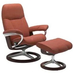 Relaxsessel stressless "Consul" Sessel Gr. Leder PALOMA, Signature Base Braun, BalanceAdaptTM-PlusTMSystem-Gleitsystem-Relaxfunktion-Drehfunktion-Kopfstützenverstellung-Rückteilverstellung, B/H/T: 82cm x 102cm x 72cm, rot (henna paloma) mit Hocker, Signature Base, Größe M, Gestell Braun