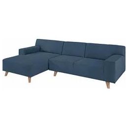 Ecksofa Tom Tailor HOME "NORDIC PURE" Sofas Gr. B/H/T: 266cm x 77cm x 151cm, Samtstoff STC, Recamiere links, blau (ink blue stc 6) mit Recamiere, im Retrolook, Füße Buche natur