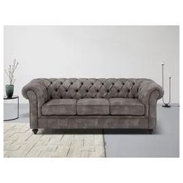 Chesterfield-Sofa Home Affaire "Chesterfield 3-Sitzer B/T/H: 198/89/74 cm" Sofas Gr. B/H/T: 198 cm x 74 cm x 89 cm, Luxus-Microfaser Lederoptik, braun (dunkelbraun) mit hochwertiger Knopfheftung, auch in Leder