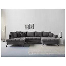 Wohnlandschaft Inosign "Lörby U-Form" Sofas Gr. B/H/T: 339 cm x 90 cm x 190 cm, Struktur weich, Ottomane links, Struktur weich, grau (rock) Belastbarkeit bis 140kg pro Sitzplatz, auch mit Aqua clean-Bezug