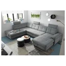 Wohnlandschaft ED EXCITING DESIGN "Alba U-Form" Sofas Gr. B/H/T: 349cm x 88cm x 233cm, Webstoff, Ottomane links, grau mit Bettfunktion, Bettkasten, Kopfstützen, Armteilverstellung