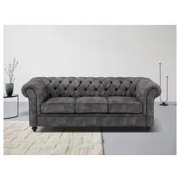 Chesterfield-Sofa Home Affaire "Chesterfield 3-Sitzer B/T/H: 198/89/74 cm" Sofas Gr. B/H/T: 198cm x 74cm x 89cm, Luxus-Microfaser Lederoptik, grau (anthrazit) mit hochwertiger Knopfheftung, auch in Leder