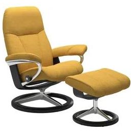 Relaxsessel stressless "Consul" Sessel Gr. ROHLEDER Stoff Q2 FARON, Signature Base Schwarz, BalanceAdaptTM-PlusTMSystem-Gleitsystem-Relaxfunktion-Drehfunktion-Kopfstützenverstellung-Rückteilverstellung, B/H/T: 91cm x 102cm x 79cm, gelb (yellow q2 faron) mit Hocker, Signature Base, Größe L, Gestell Schwarz