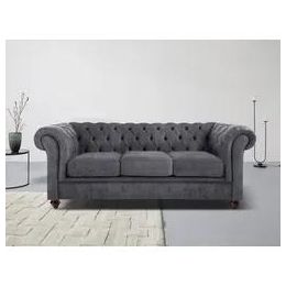 Chesterfield-Sofa Home Affaire "Chesterfield 3-Sitzer B/T/H: 198/89/74 cm" Sofas Gr. B/H/T: 198cm x 74cm x 89cm, Luxus-Microfaser weich, grau (anthrazit) mit hochwertiger Knopfheftung, auch in Leder