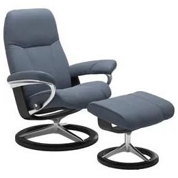 Relaxsessel stressless "Consul" Sessel Gr. Leder PALOMA, Signature Base Schwarz, BalanceAdaptTM-PlusTMSystem-Gleitsystem-Relaxfunktion-Drehfunktion-Kopfstützenverstellung-Rückteilverstellung, B/H/T: 91cm x 102cm x 79cm, blau (sparrow blue paloma) mit Hocker, Signature Base, Größe L, Gestell Schwarz