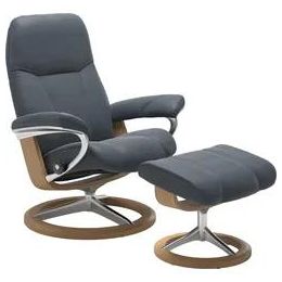 Relaxsessel stressless "Consul" Sessel Gr. Leder BATICK, Signature Base Eiche, BalanceAdaptTM-PlusTMSystem-Gleitsystem-Relaxfunktion-Drehfunktion-Kopfstützenverstellung-Rückteilverstellung, B/H/T: 78cm x 97cm x 70cm, blau (atlantic blue batick) mit Hocker, Signature Base, Größe S, Gestell Eiche