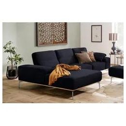 Ecksofa W.Schillig "run" Sofas Gr. B/H/T: 299cm x 88cm x 178cm, Flachgewebe W82, Recamiere links, mit Sitztiefenverstellung, blau (dunkelblau w82) mit elegantem Holzsockel, Füße in Chrom glänzend, Breite 299 cm