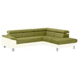 Ecksofa COTTA "Komaris L-Form" Sofas Gr. B/H/T: 249cm x 72cm x 100cm, Kunstleder SOFTLUX-Struktur, Ottomane rechts, ohne Bettfunktion-ohne Bettkasten-ohne RGB-LED-Beleuchtung-mit Kopfteilverstellung, beige (creme/grün) inklusive Kopf- bzw. Rückenverstellung, wahlweise Bettfunktion