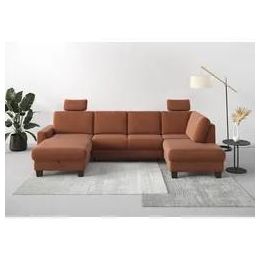 Wohnlandschaft Home Affaire "Summer U-Form" Sofas Gr. B/H/T: 314 cm x 91 cm x 170 cm, Feincord, Recamiere links, mit Bettfunktion-mit Bettkasten-mit Federkern, rosegold (kupfer) mit oder ohne Bettfunktion und Bettkasten, wengefarbene Holzfüße