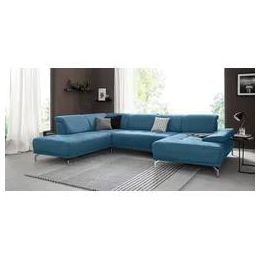 Wohnlandschaft Places of Style "Caluna U-Form" Sofas Gr. B/H/T: 332cm x 81cm x 234cm, Struktur flausch, Recamiere rechts, blau (azur) mit Sitztiefen- und Kopfteilverstellung