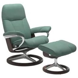 Relaxsessel stressless "Consul" Sessel Gr. Leder PALOMA, Signature Base Wenge, BalanceAdaptTM-PlusTMSystem-Gleitsystem-Relaxfunktion-Drehfunktion-Kopfstützenverstellung-Rückteilverstellung, B/H/T: 78cm x 97cm x 70cm, grün (aqua green paloma) mit Hocker, Signature Base, Größe S, Gestell Wenge