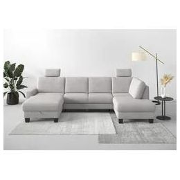 Wohnlandschaft Home Affaire "Summer U-Form" Sofas Gr. B/H/T: 314 cm x 91 cm x 170 cm, Feincord, Recamiere links, mit Bettfunktion-mit Bettkasten-mit Federkern, silberfarben (silber) mit oder ohne Bettfunktion und Bettkasten, wengefarbene Holzfüße