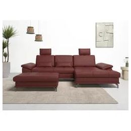 Ecksofa Places of Style "Costello L-Form, mit Sitztiefenverstellung, Armteilverstellung und" Sofas Gr. B/H/T: 301cm x 89cm x 176cm, Material, Recamiere rechts, ohne Bettfunktion-ohne Bettkasten, rot (merlot) 3 Nierenkissen, optional Bettfunktion und Bettkasten