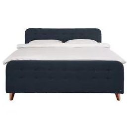 Boxspringbett Tom Tailor HOME "NORDIC BOX" Komplettbetten Gr. Chenille GCP, Liegefläche B/L: 200cm x 200cm, H2 + H2, 5-Zonen-Tonnentaschen-Federkernmatratze, blau (denim gcp 106) Boxspringbett mit Knopfheftung im Kopfteil und Fußteil, Füße in Buche natur