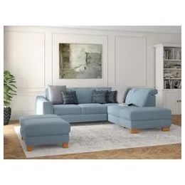 Sit & More Ecksofa SIT & MORE "Dundee L-Form" Sofas Gr. B/H/T: 263cm x 86cm x 219cm, Struktur weich, Ottomane rechts, mit Kopfteilverstellung-ohne Bettfunktion-ohne Stauraum, blau (hellblau) mit Federkern und Massivholzfüßen, wahlweise Kopfteilverstellung