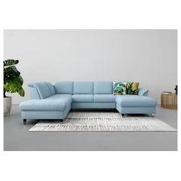 Sit & More Wohnlandschaft SIT & MORE "Maggiore U-Form" Sofas Gr. B/T: 312cm x 224cm, Soft clean, Ottomane links, mit Kopfteilverstellung-ohne Bettfunktion-ohne Stauraum-Fussfarbe: Nickel satiniert, blau (hellblau) wahlweise mit Kopfteilverstellung, Bettfunktion und Stauraum