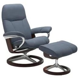 Relaxsessel stressless "Consul" Sessel Gr. Leder PALOMA, Signature Base Braun, BalanceAdaptTM-PlusTMSystem-Gleitsystem-Relaxfunktion-Drehfunktion-Kopfstützenverstellung-Rückteilverstellung, B/H/T: 82cm x 102cm x 72cm, blau (sparrow blue paloma) mit Hocker, Signature Base, Größe M, Gestell Braun