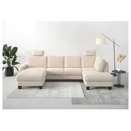 Wohnlandschaft Home Affaire "Summer U-Form" Sofas Gr. B/H/T: 314 cm x 91 cm x 170 cm, Breitcord, Recamiere links, ohne Bettfunktion-ohne Bettkasten-ohne Federkern, beige (creme) mit oder ohne Bettfunktion und Bettkasten, wengefarbene Holzfüße