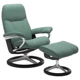 Relaxsessel stressless "Consul" Sessel Gr. Leder PALOMA, Signature Base Schwarz, BalanceAdaptTM-PlusTMSystem-Gleitsystem-Relaxfunktion-Drehfunktion-Kopfstützenverstellung-Rückteilverstellung, B/H/T: 91cm x 102cm x 79cm, grün (aqua green paloma) mit Hocker, Signature Base, Größe L, Gestell Schwarz