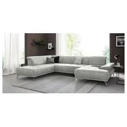 Wohnlandschaft Places of Style "Caluna U-Form" Sofas Gr. B/H/T: 332 cm x 81 cm x 234 cm, Luxus-Microfaser Vintageoptik, Recamiere rechts, grau (hellgrau) mit Sitztiefen- und Kopfteilverstellung