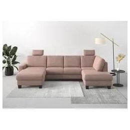 Wohnlandschaft Home Affaire "Summer U-Form" Sofas Gr. B/H/T: 314 cm x 91 cm x 170 cm, Feincord, Recamiere links, ohne Bettfunktion-ohne Bettkasten-ohne Federkern, rosa (altrosa) mit oder ohne Bettfunktion und Bettkasten, wengefarbene Holzfüße