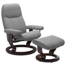 Relaxsessel stressless "Consul" Sessel Gr. Leder BATICK, Classic Base Braun, PlusTMSystem-Gleitsystem-Relaxfunktion-Drehfunktion-Kopfstützenverstellung-Rückteilverstellung, B/H/T: 76cm x 100cm x 71cm, grau (wild dove batick) mit Hocker, Classic Base, Größe M, Gestell Braun