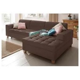 Ecksofa Home Affaire "Corby L-Form" Sofas Gr. B/H/T: 266cm x 80cm x 162cm, NaturLEDER, Recamiere rechts, ohne Bettfunktion, braun (dunkelbraun) wahlweise mit Bettfunktion, Steppung auf Sitzfläche