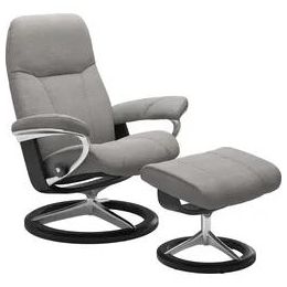 Relaxsessel stressless "Consul" Sessel Gr. Struktur fein JASMINE, Signature Base Schwarz, BalanceAdaptTM-PlusTMSystem-Gleitsystem-Relaxfunktion-Drehfunktion-Kopfstützenverstellung-Rückteilverstellung, B/H/T: 91cm x 102cm x 79cm, grau (grey jasmine) mit Hocker, Signature Base, Größe L, Gestell Schwarz